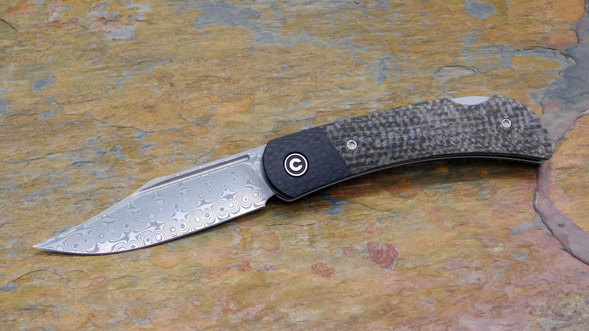 Civivi Damascus Rustick Gent Lockback, Tan Micarta and Carbon Fiber Ha ...