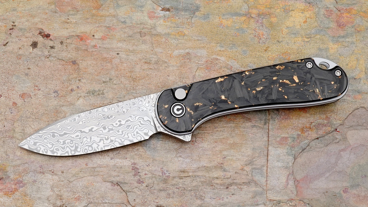 Damascus Elementum II Button Lock Flipper, Gold Shred Carbon Fiber Han ...