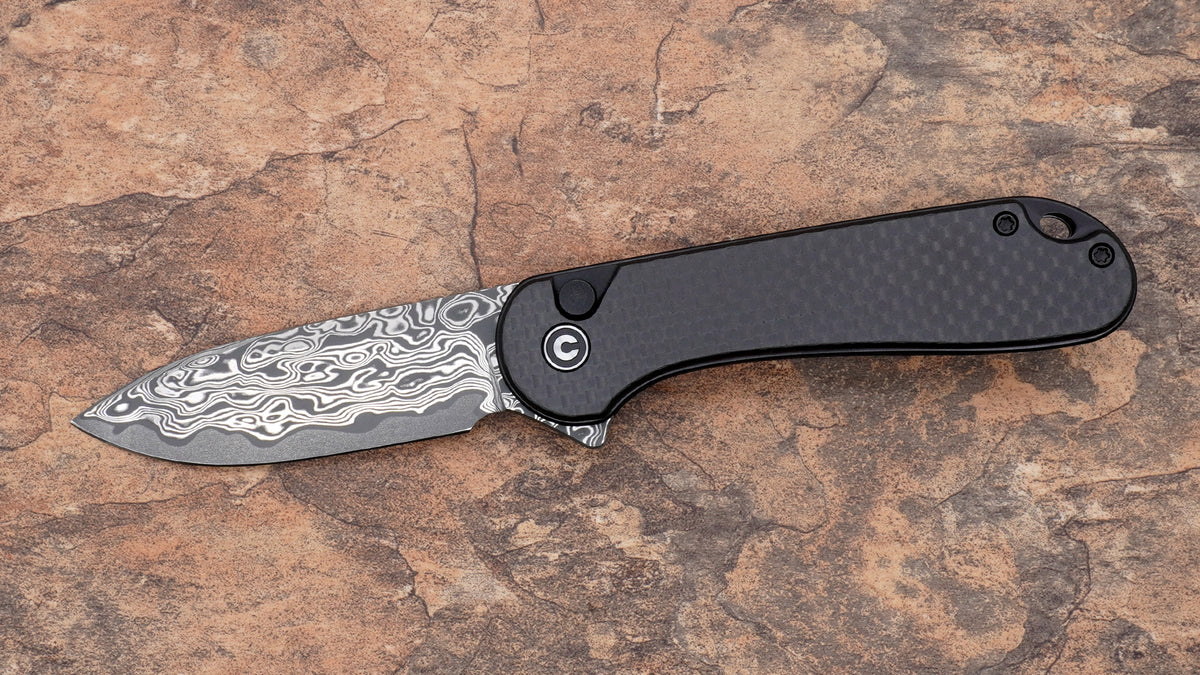 Damascus Elementum II Button Lock Flipper, Carbon Fiber Handles C18062 ...