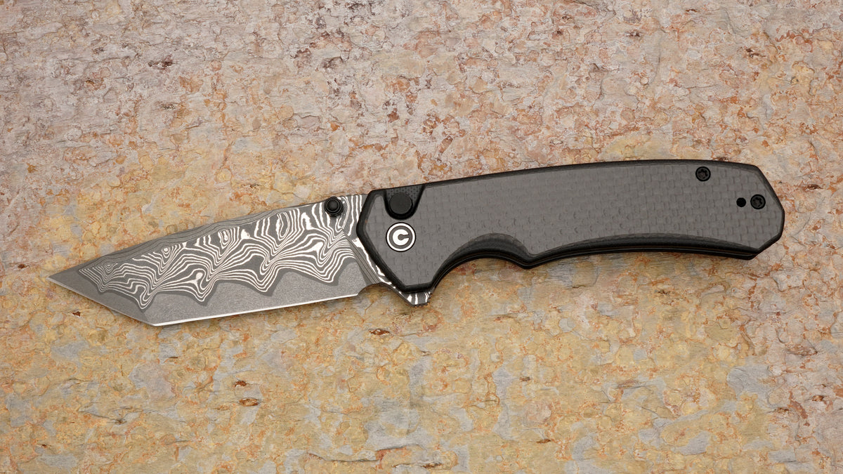Damascus Brazen Tanto Button Lock Flipper, Carbon Fiber Handle C19059C ...