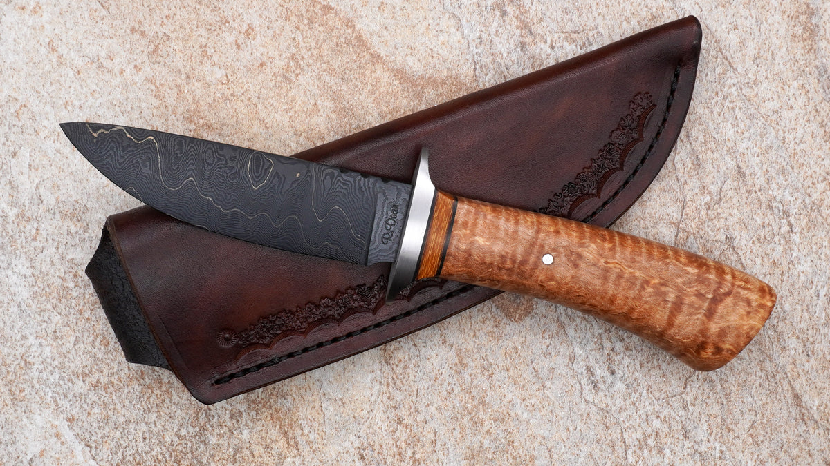 Rudy Dean Damascus Drop Point Hunter, Curly Beech Wood Handle ...