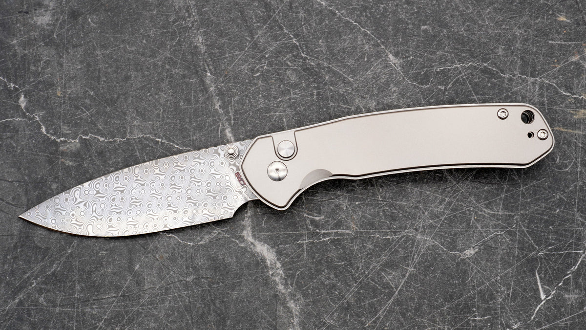CJRB Damascus Large Pyrite Button Lock, Titanium Scales J1925L-TDM ...