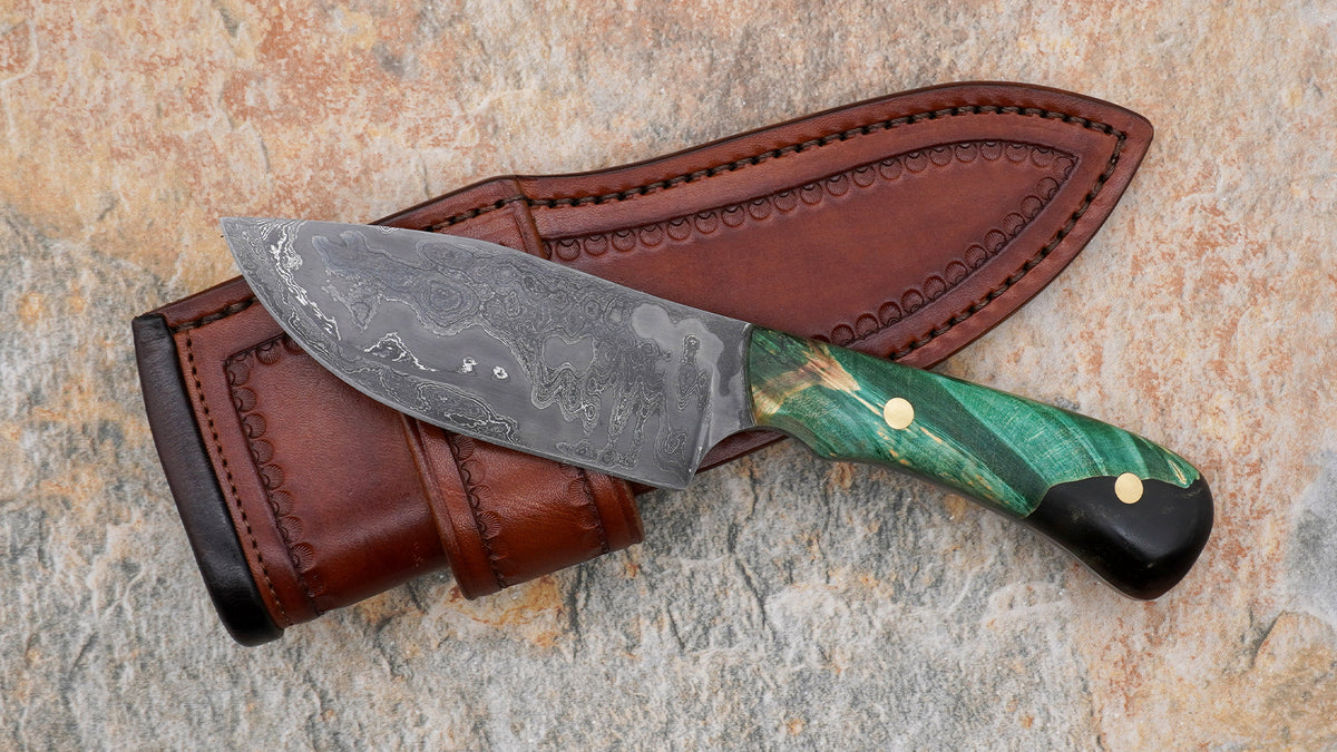 Shelly Jack Damascus Hunter, Dyed Maple Burl Handle – Edgeworks Knife ...