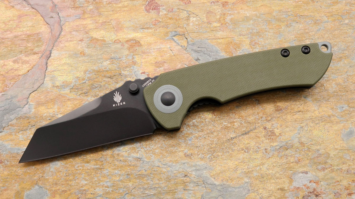 Kizer Mini Critical, Green Handle Black Blade V3508A3 – Edgeworks Knife ...
