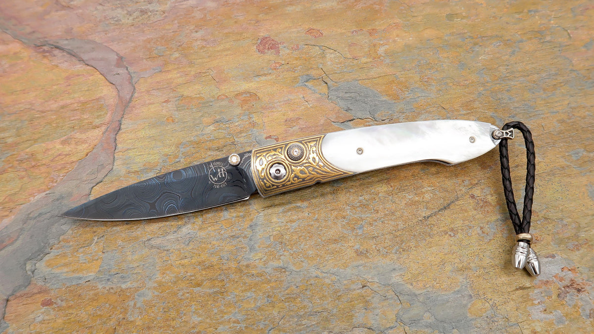 B10-Moon Shot, Meteorite Damascus Blade with Mother of Pearl and Koftg ...
