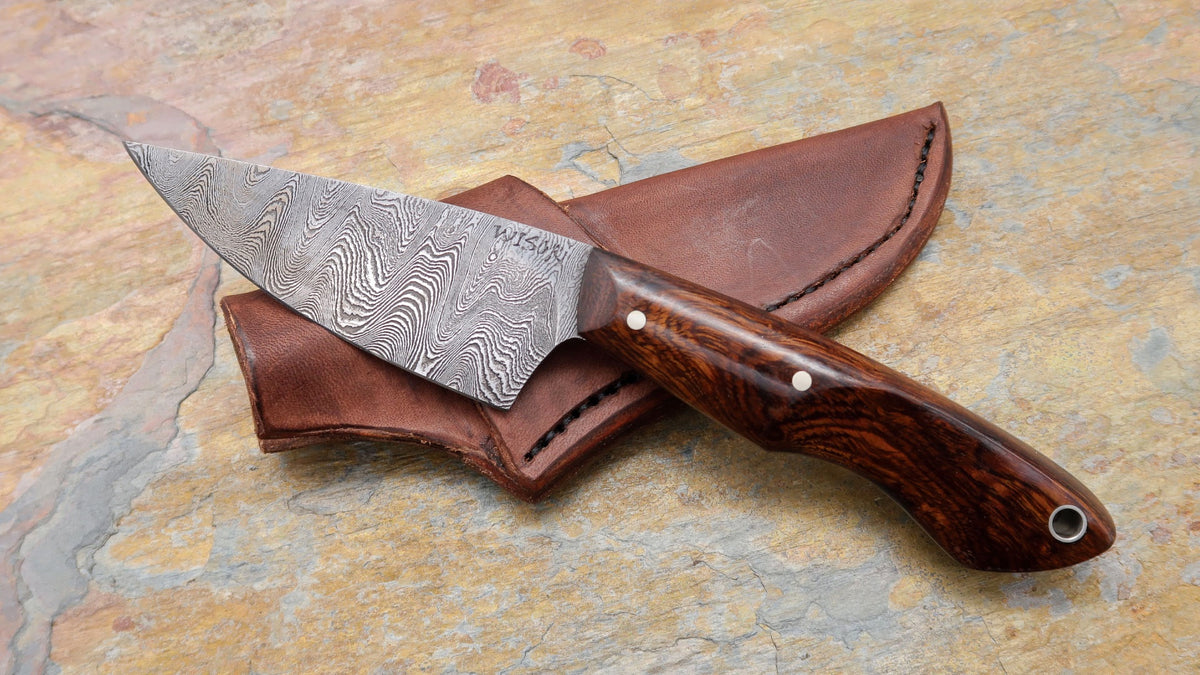 Wisor Forge Damascus Small Hunter, Ironwood Handle – Edgeworks Knife ...